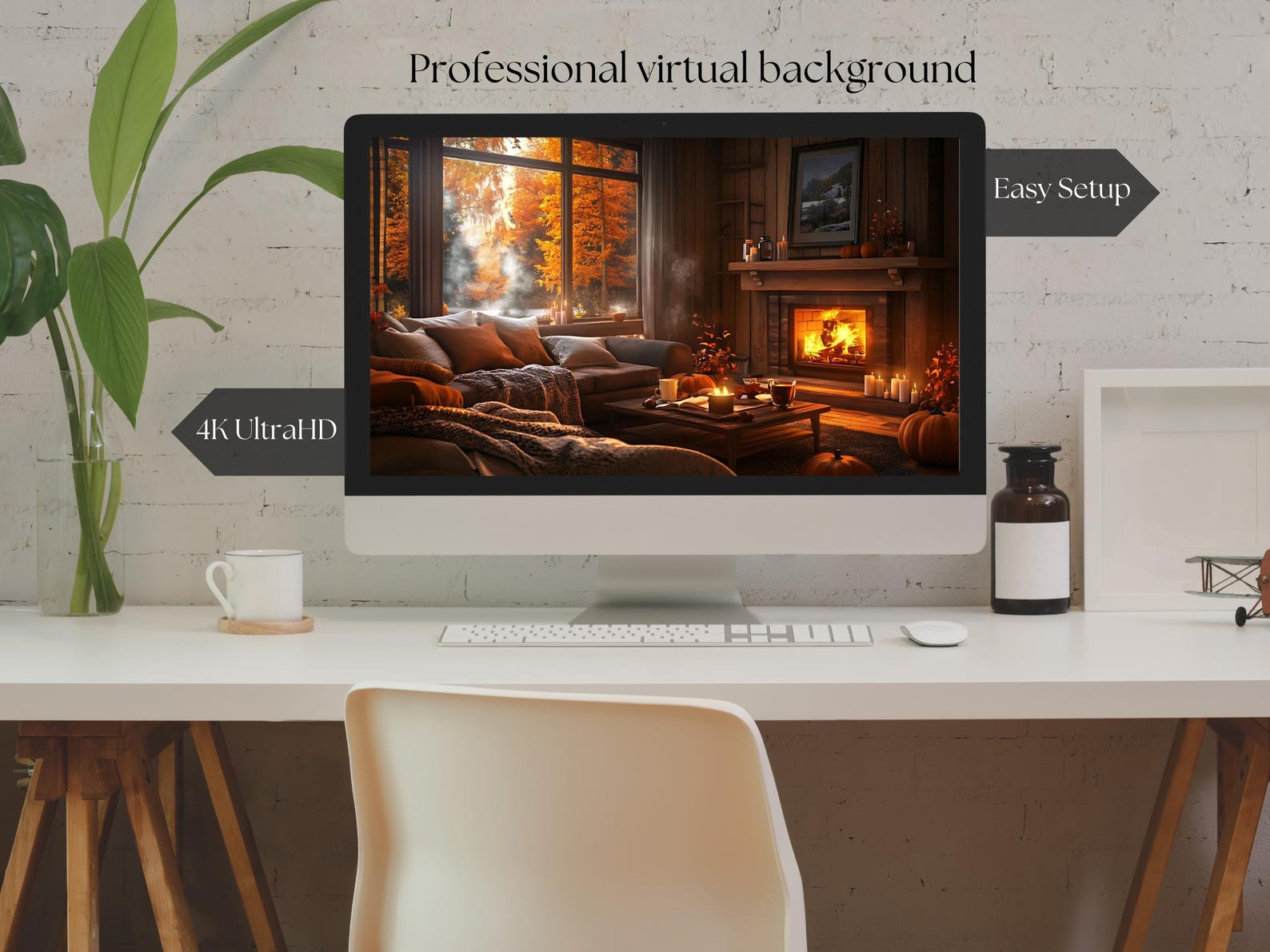Cozy Fall Living Room Zoom Background: Rustic Fireplace (digital ...