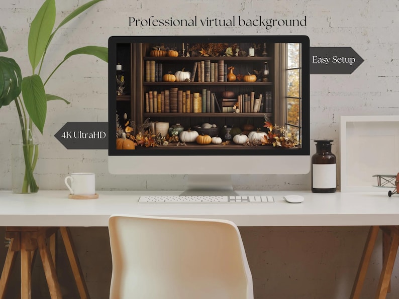 Moody Fall Virtual Background | Dark Autumn Shelf Decor With Pumpkins ...