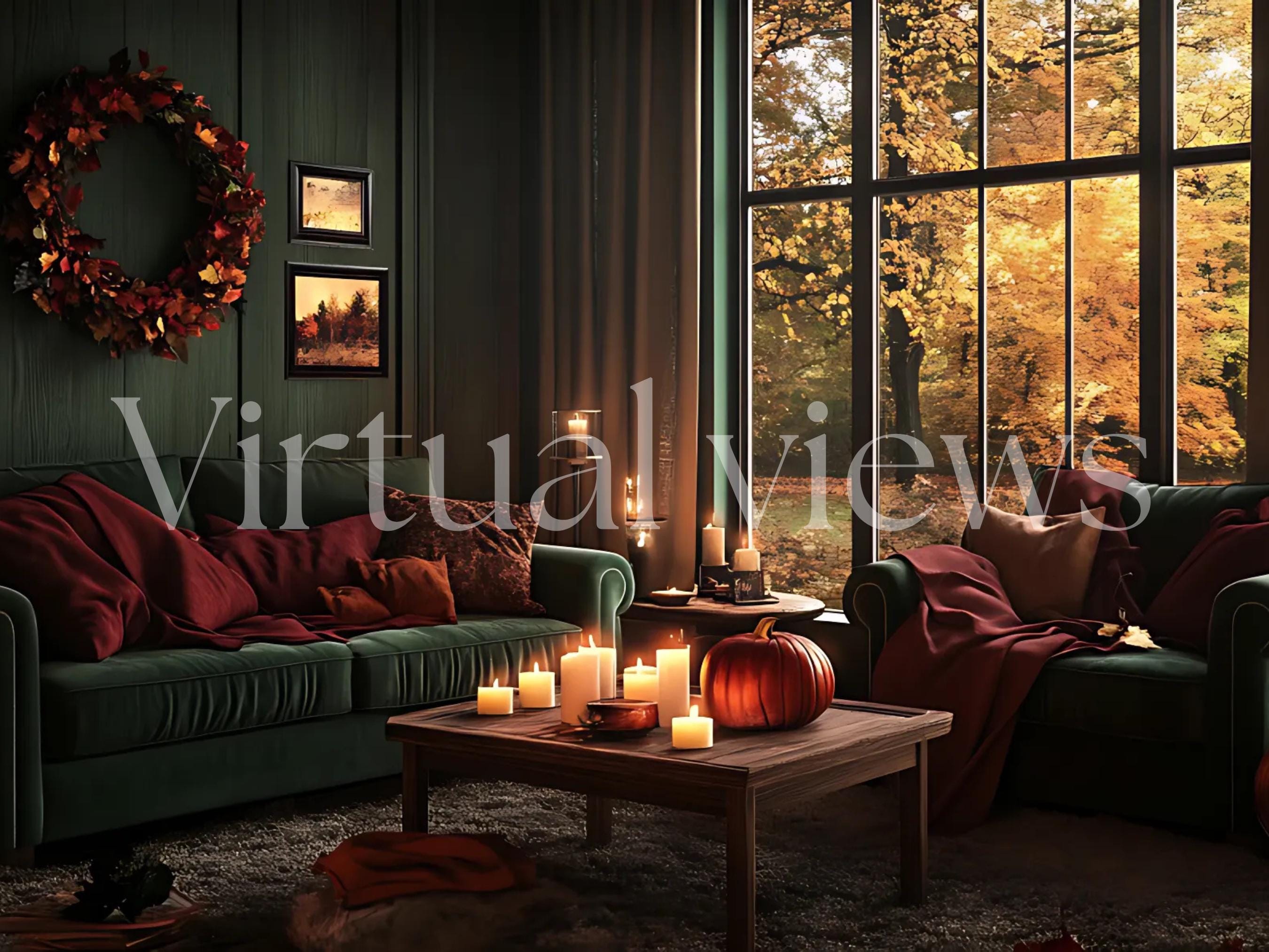 Dark Green Autumn Zoom Background - Fall Digital Backdrop for Zoom ...