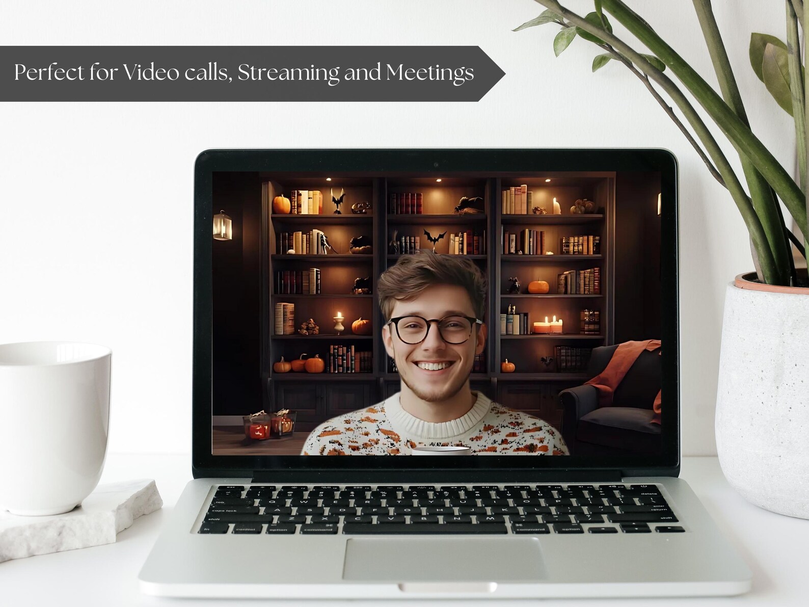 Halloween Zoom Background: Cozy Bookcase Decor, Virtual Backdrop for ...