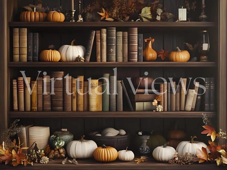 Moody Fall Virtual Background | Dark Autumn Shelf Decor With Pumpkins ...