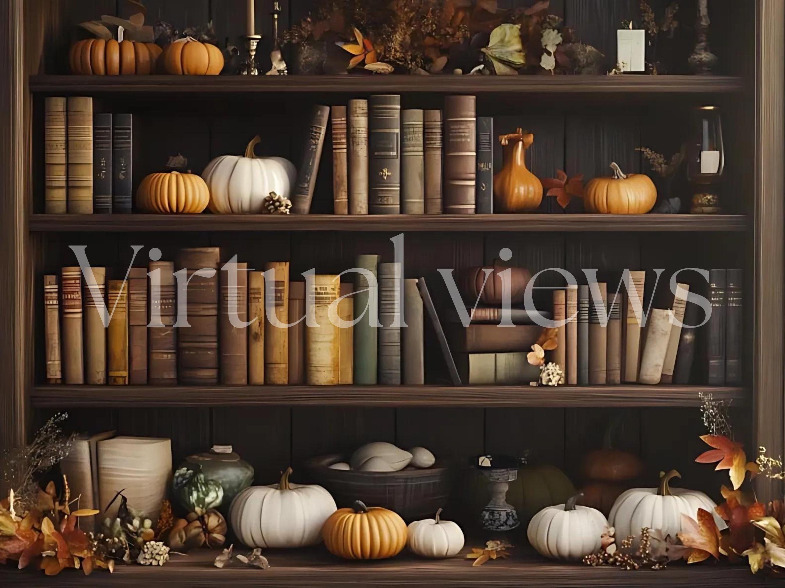 Moody Fall Virtual Background | Dark Autumn Shelf Decor With Pumpkins ...