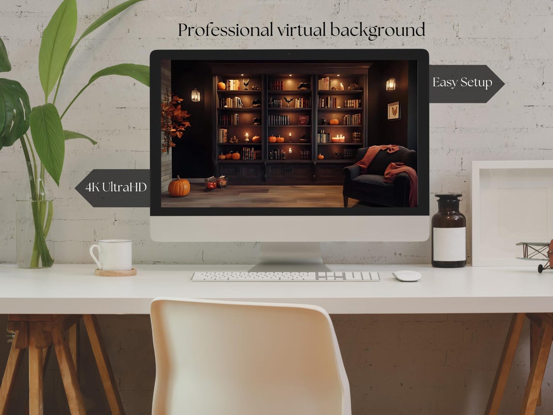 Halloween Zoom Background: Cozy Bookcase Decor, Virtual Backdrop for ...