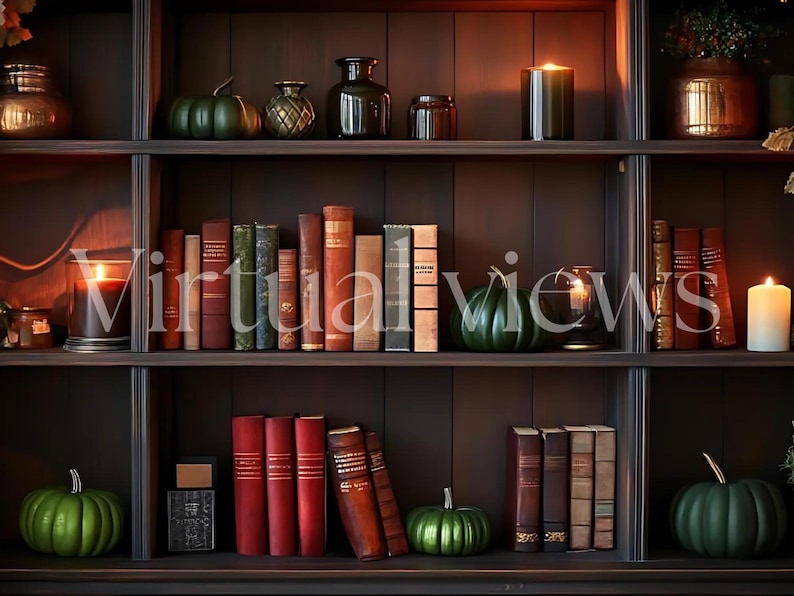Cozy Fall Bookshelf Virtual Background: Pumpkins & Candles (digital ...