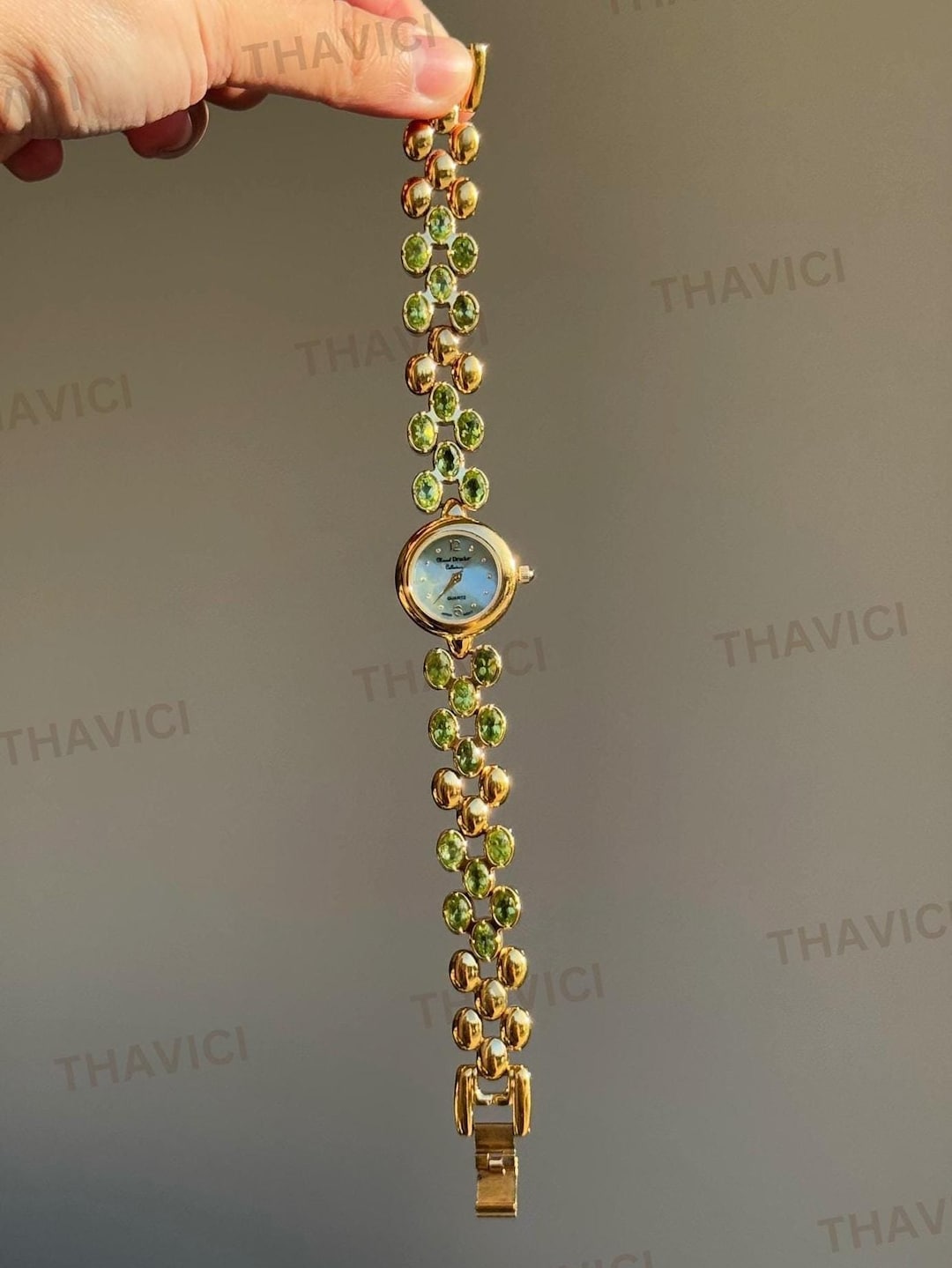 Vintage Marcel Drucker Watch, Gold Watch, Green Stone Watch, Peridot ...
