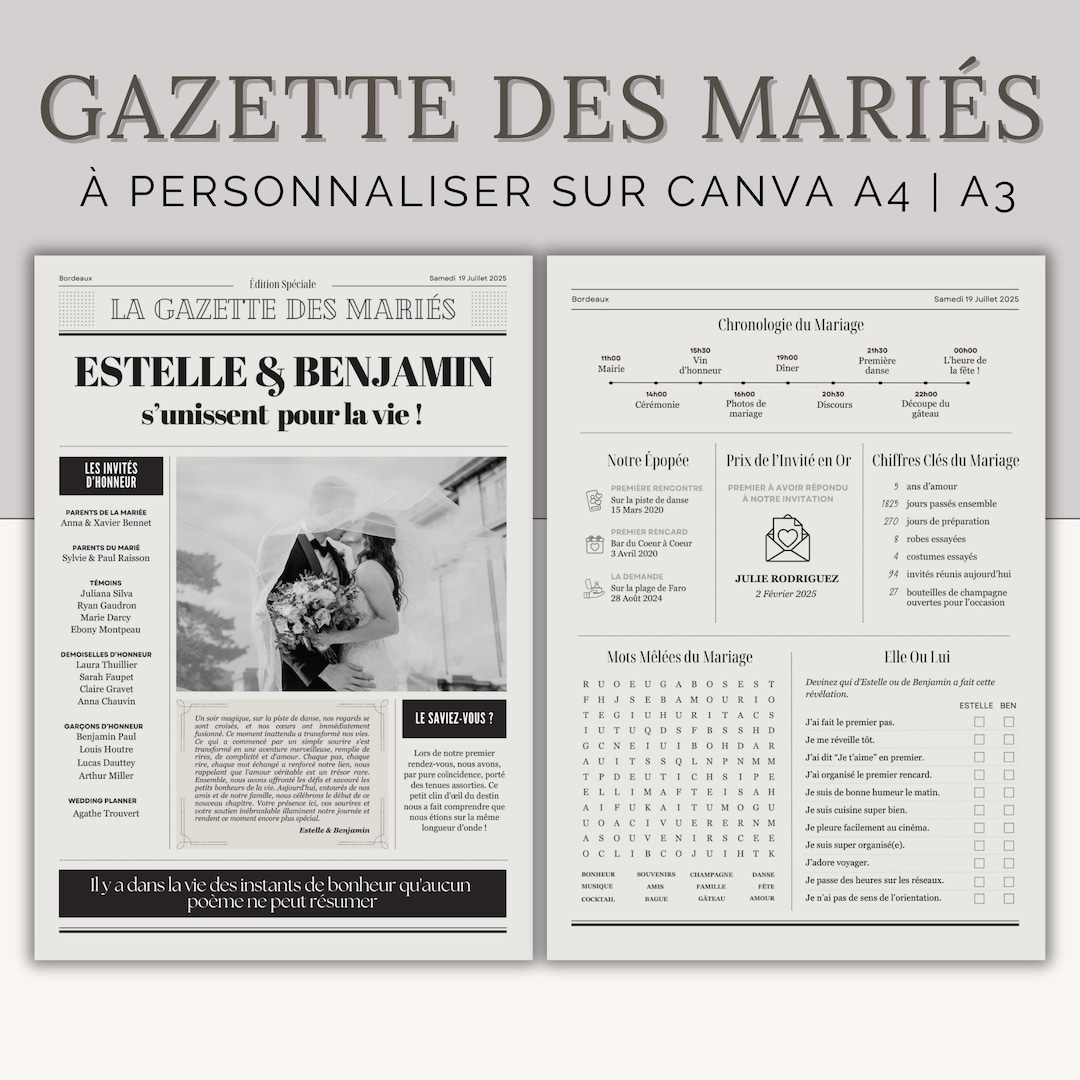 Gazette des Mariés 2 Pages - Journal des Mariés - Modèle Canva à ...