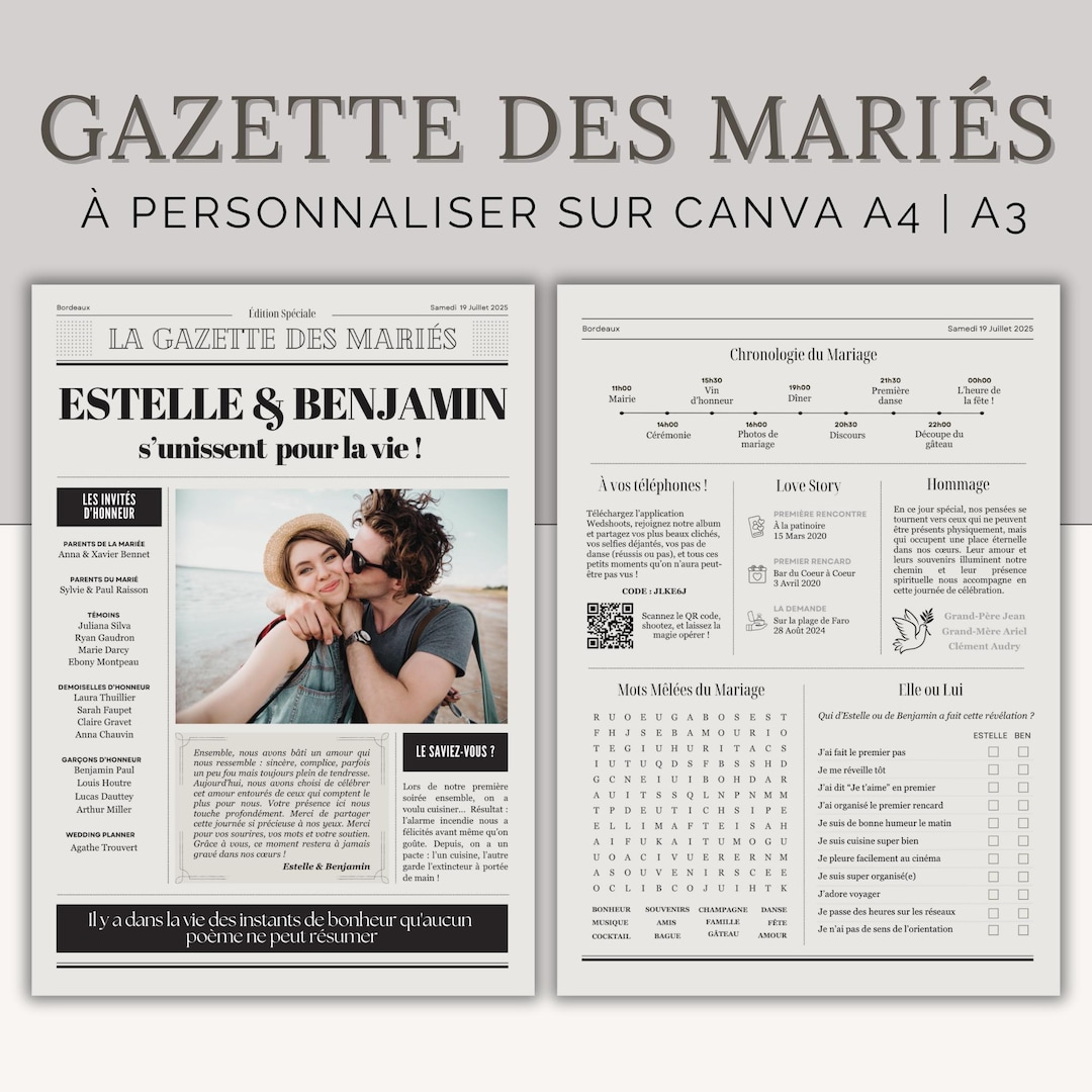 Gazette des Mariés 2 Pages - Journal des Mariés - Modèle Canva à ...