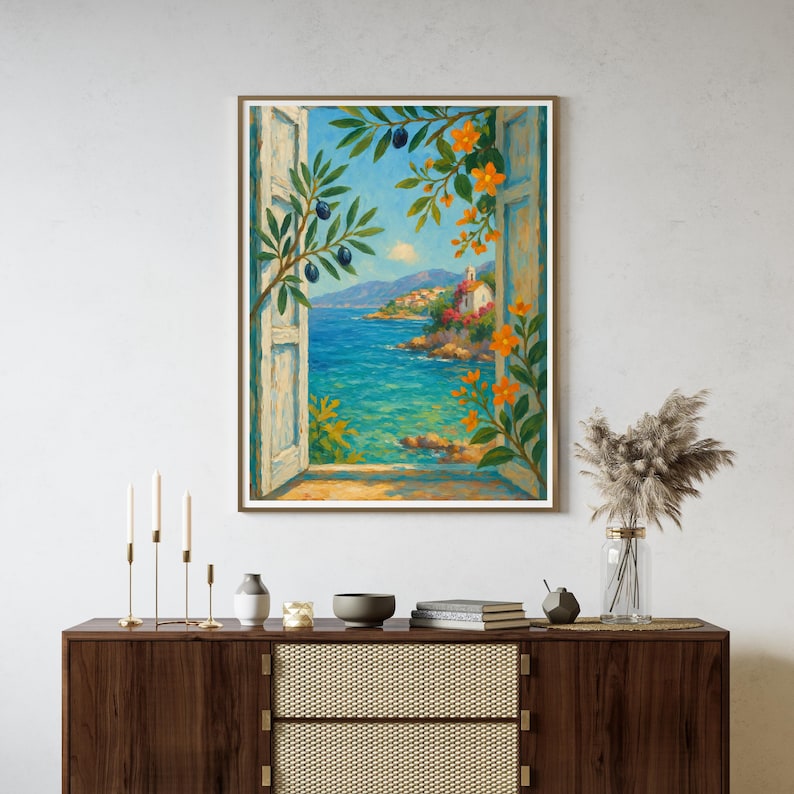 Mediterranean Window View Printable Art – Coastal Olive Tree Wall Decor ...