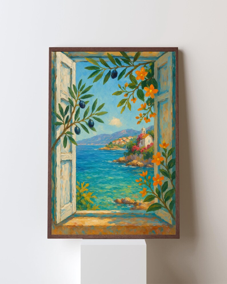 Mediterranean Window View Printable Art – Coastal Olive Tree Wall Decor ...