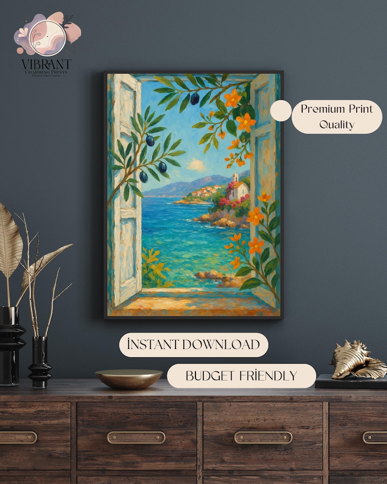 Mediterranean Window View Printable Art – Coastal Olive Tree Wall Decor ...