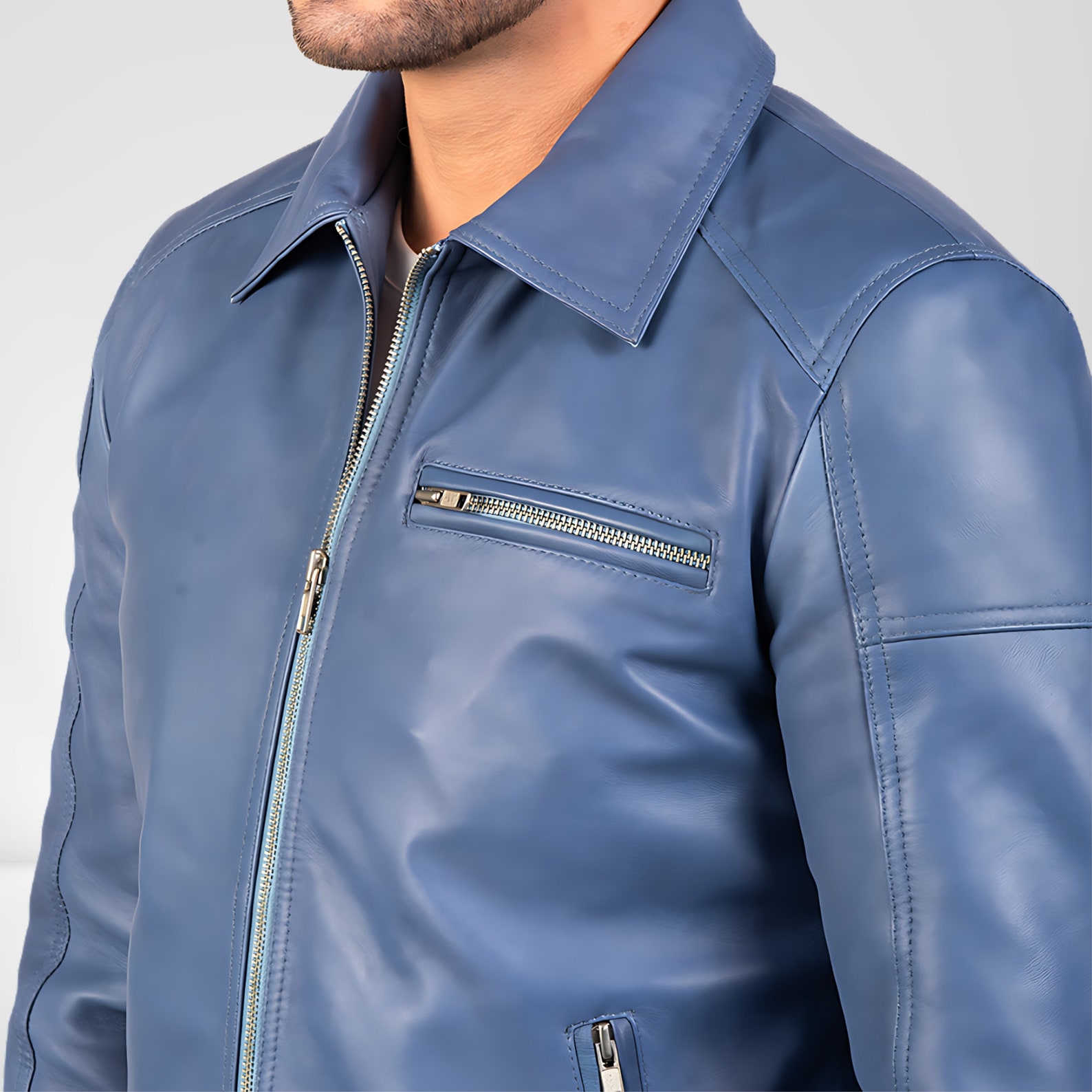 Custom Blue Leather Biker Jacket for Men in Authentic Moroccan Lambskin ...