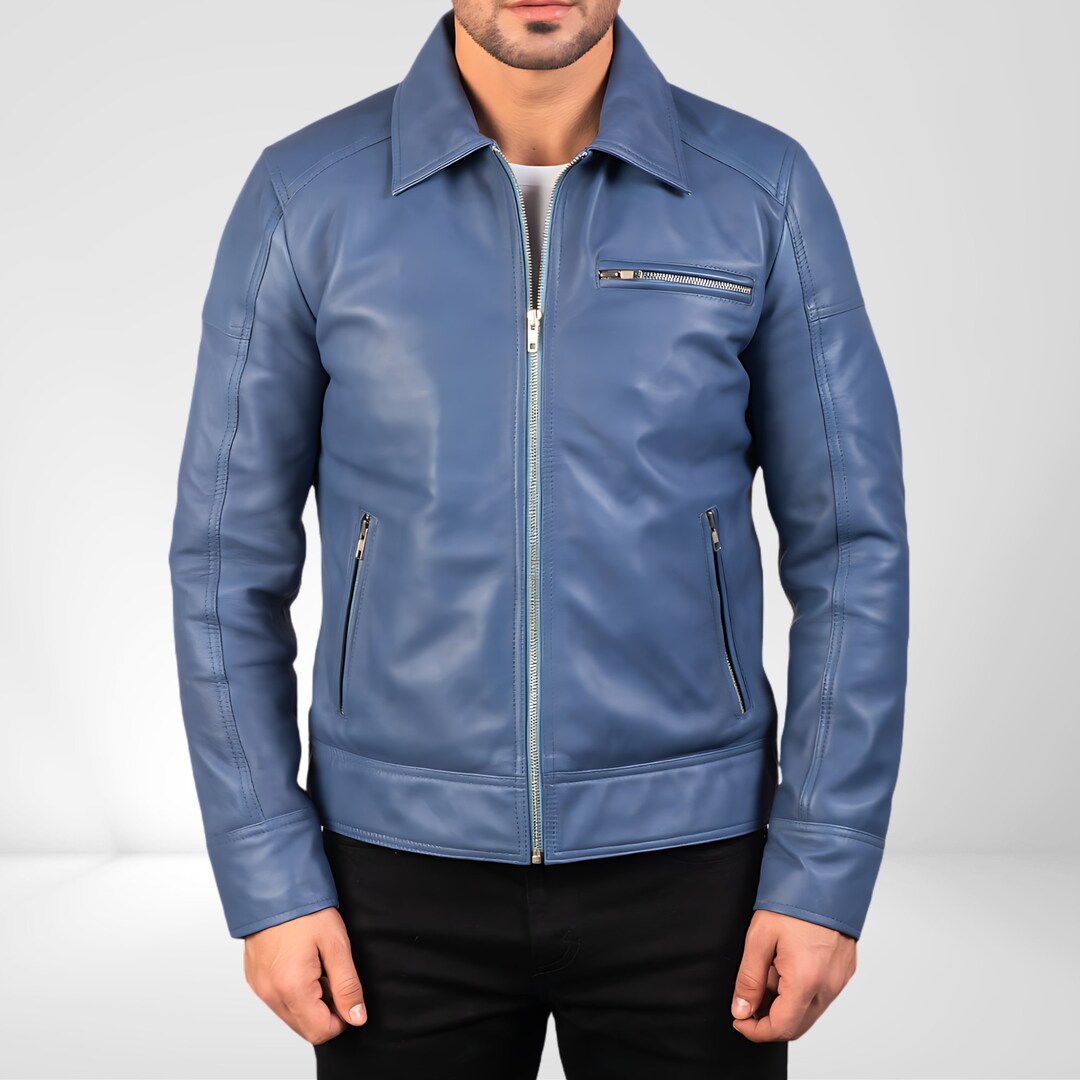 Custom Blue Leather Biker Jacket for Men in Authentic Moroccan Lambskin ...