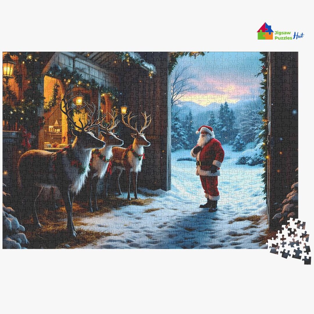 Santa in Reindeer Barn Jigsaw Puzzle - 1000 Piece Christmas Jigsaw ...