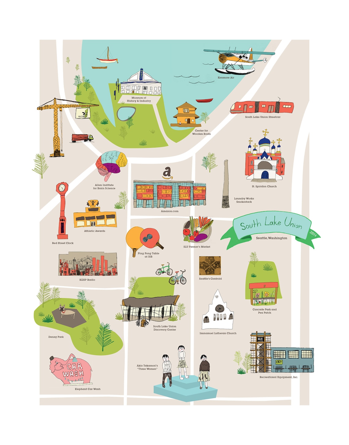 CLEARANCE Illustrated Map of South Lake Union Seattle | Etsy
