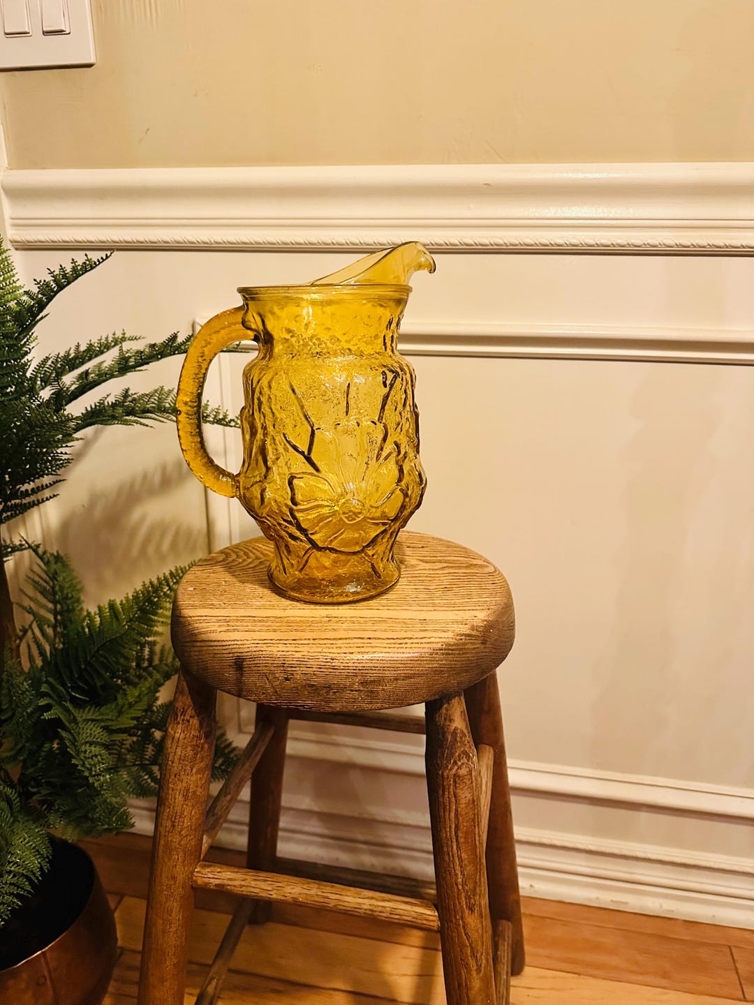 Vintage Anchor Hocking Yellow Rain Flower Glass Pitcher , Retro Amber ...