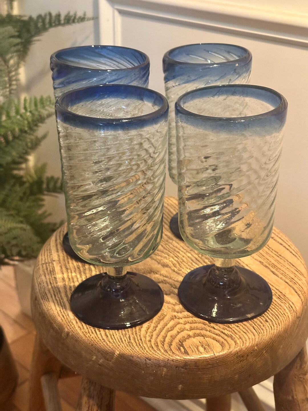 Hand-blown Mexican Swirl Water Goblets With a Cobalt Blue Rim and Base ...