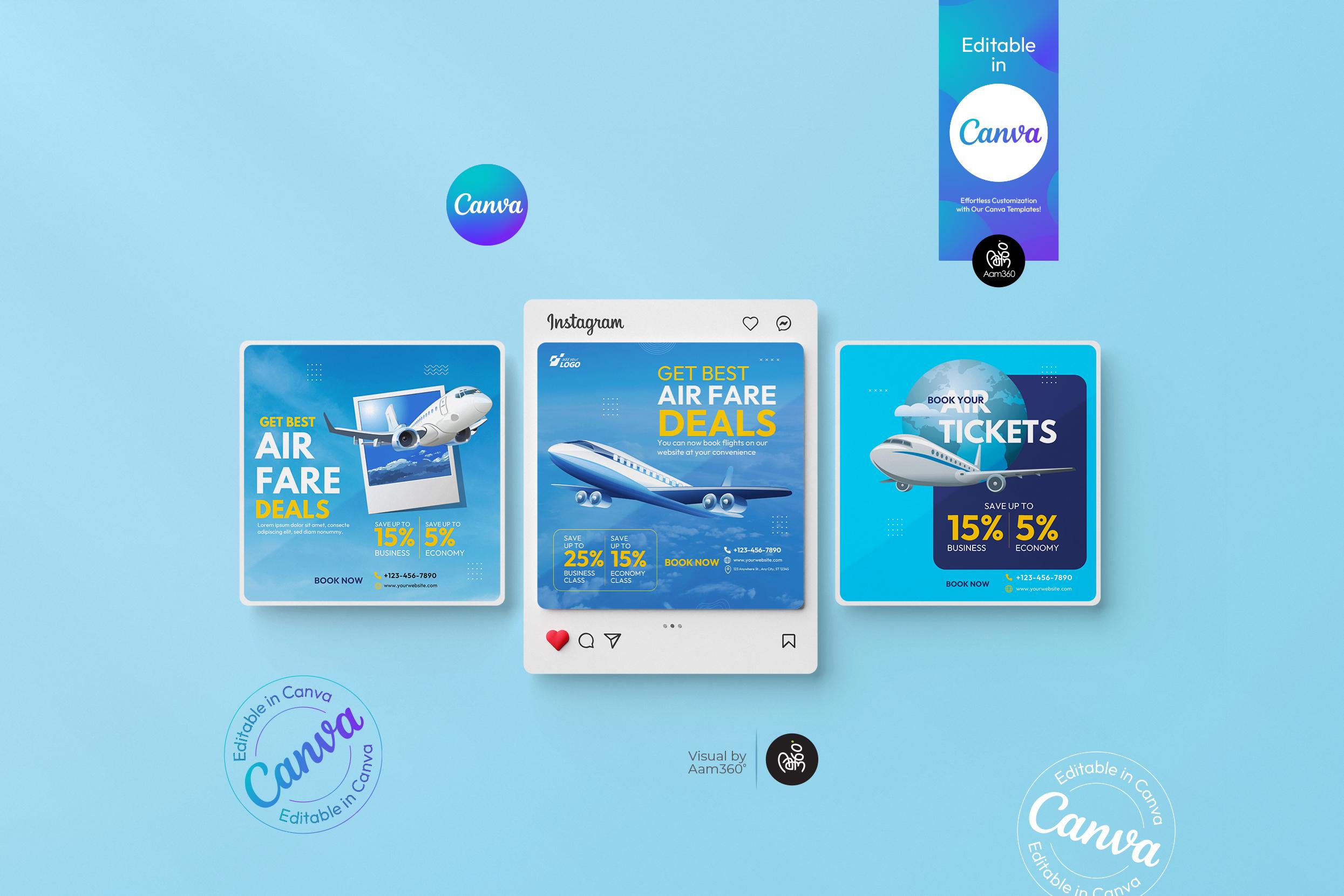 Air Ticket Booking Instagram Post Template: Canva Editable (digital ...