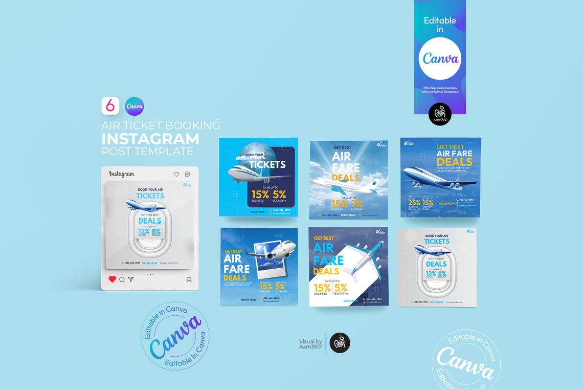 Air Ticket Booking Instagram Post Template: Canva Editable (digital ...