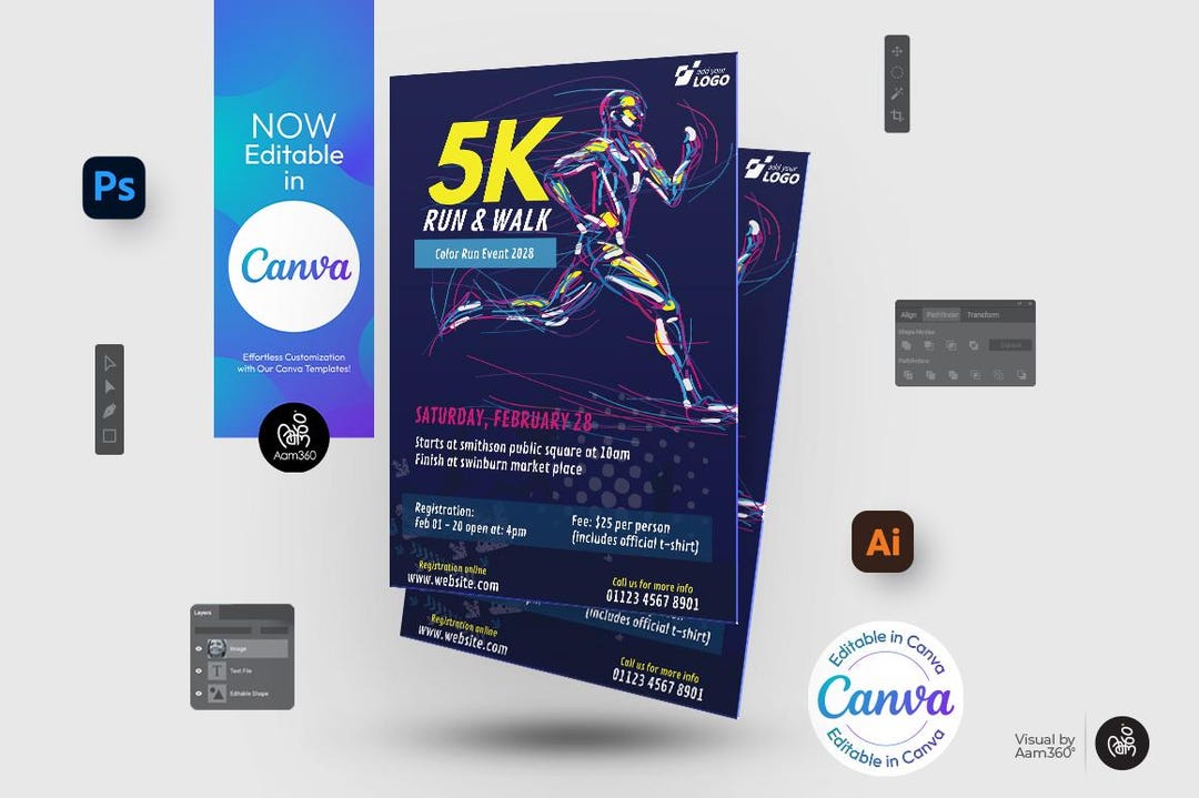 Marathon Flyer Template: Editable 5K Run, Walk Event (canva, PSD, AI ...