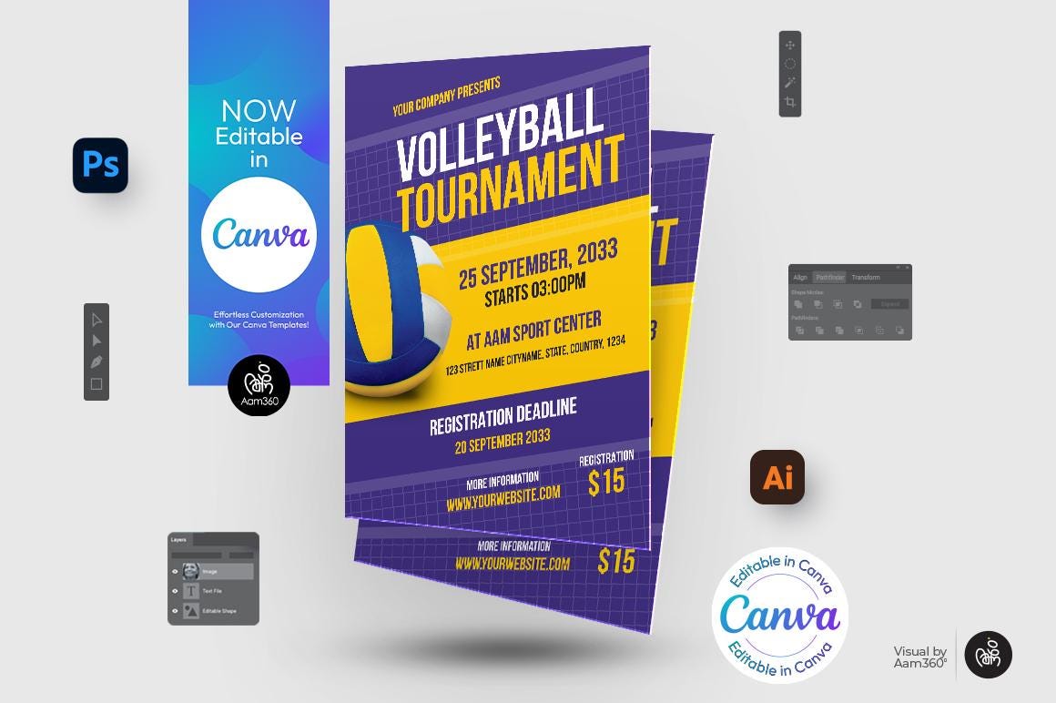 Editable Volleyball Tournament Flyer Template (canva, PSD, AI, Doc ...