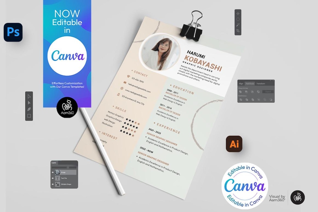 Editable Resume Template: Canva, PSD, AI, DOC (digital File) - Etsy