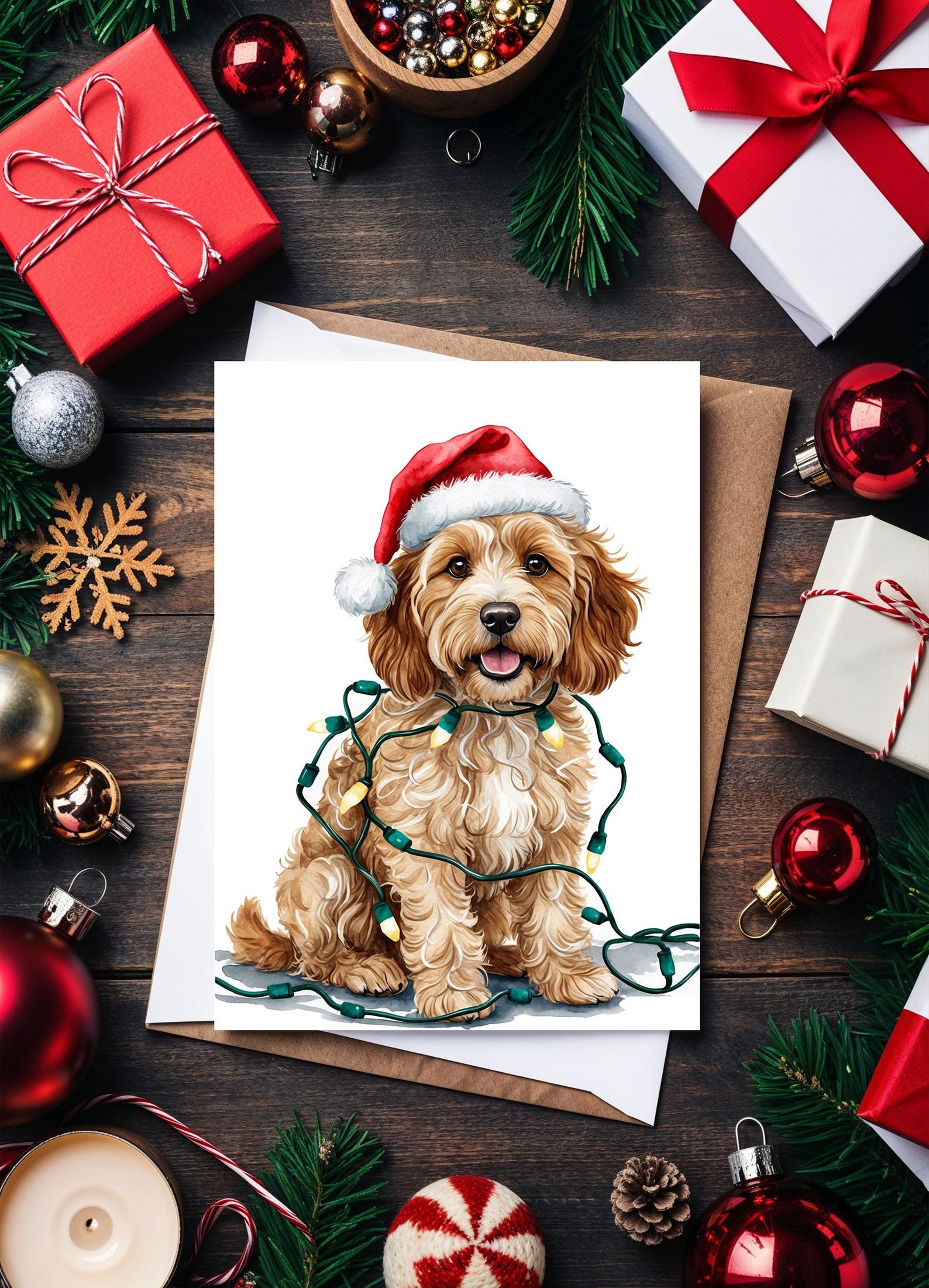 Adorable Cockapoo Christmas Card | Holiday Greetings With Santa Hat ...
