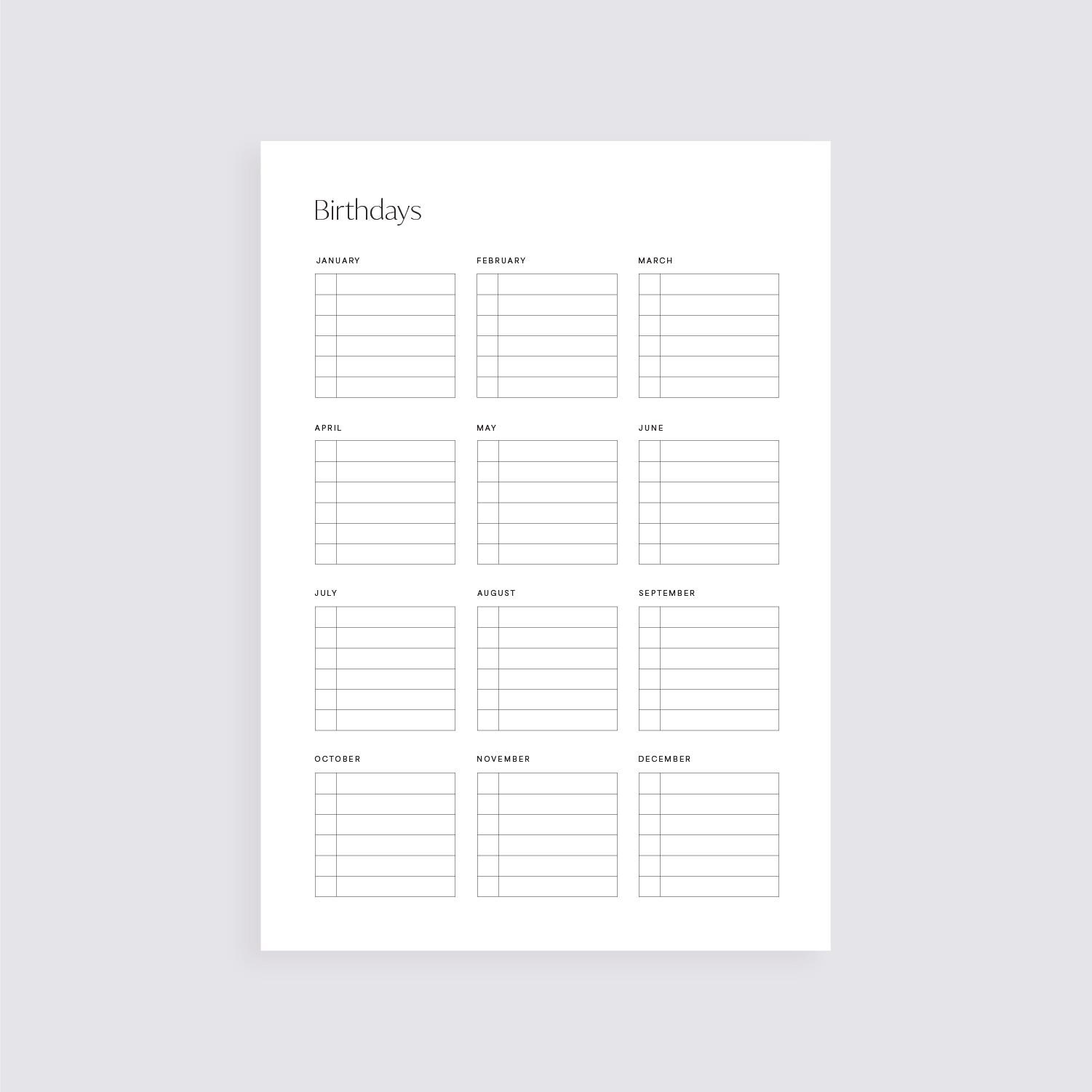 Birthday Calendar Planner Printable – Yearly Tracker (PDF Download A4 ...