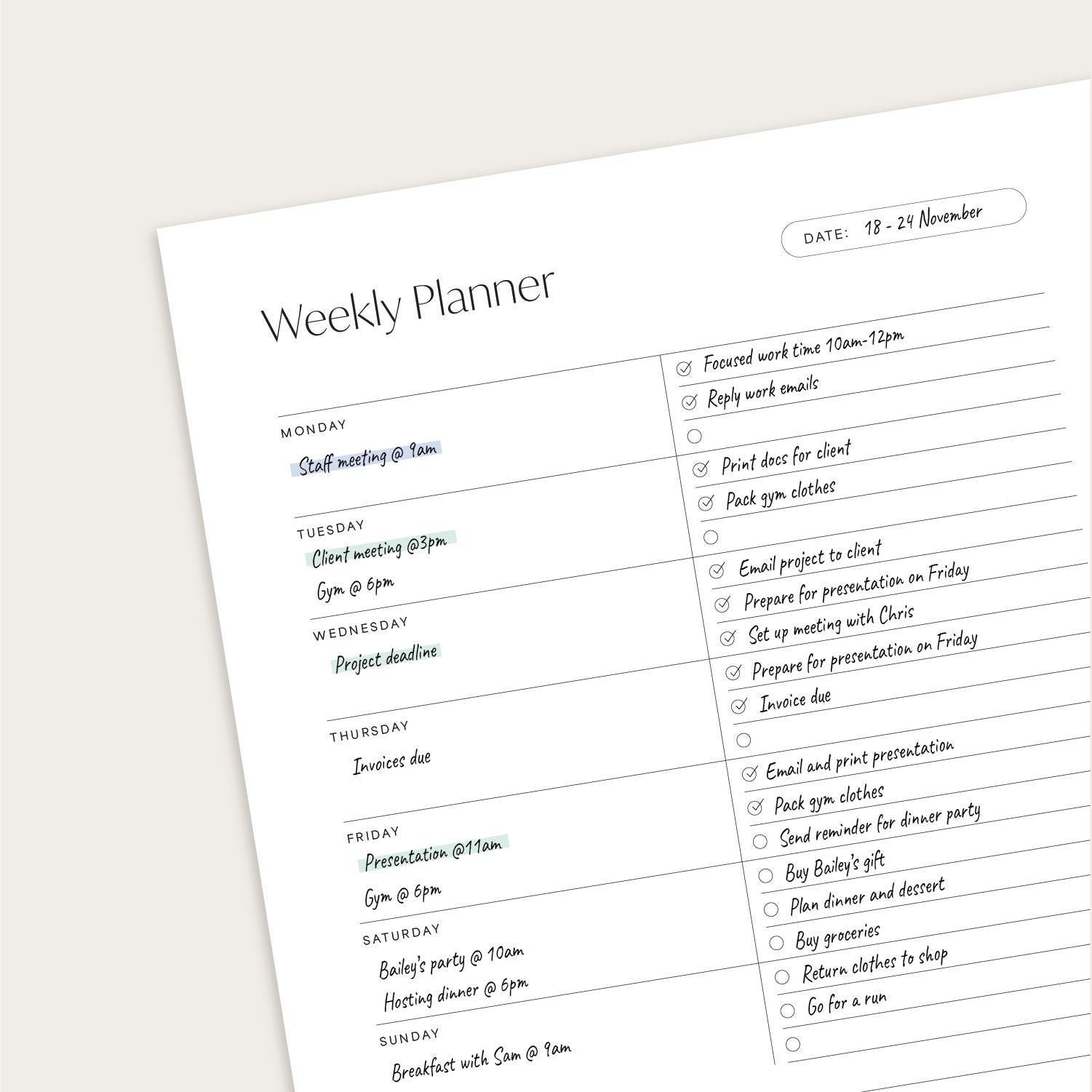 Weekly Planner Template, Weekly Undated Minimalist Task List, Elegant ...