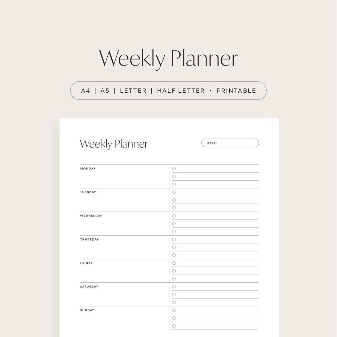 Weekly Planner Template, Weekly Undated Minimalist Task List, Elegant ...