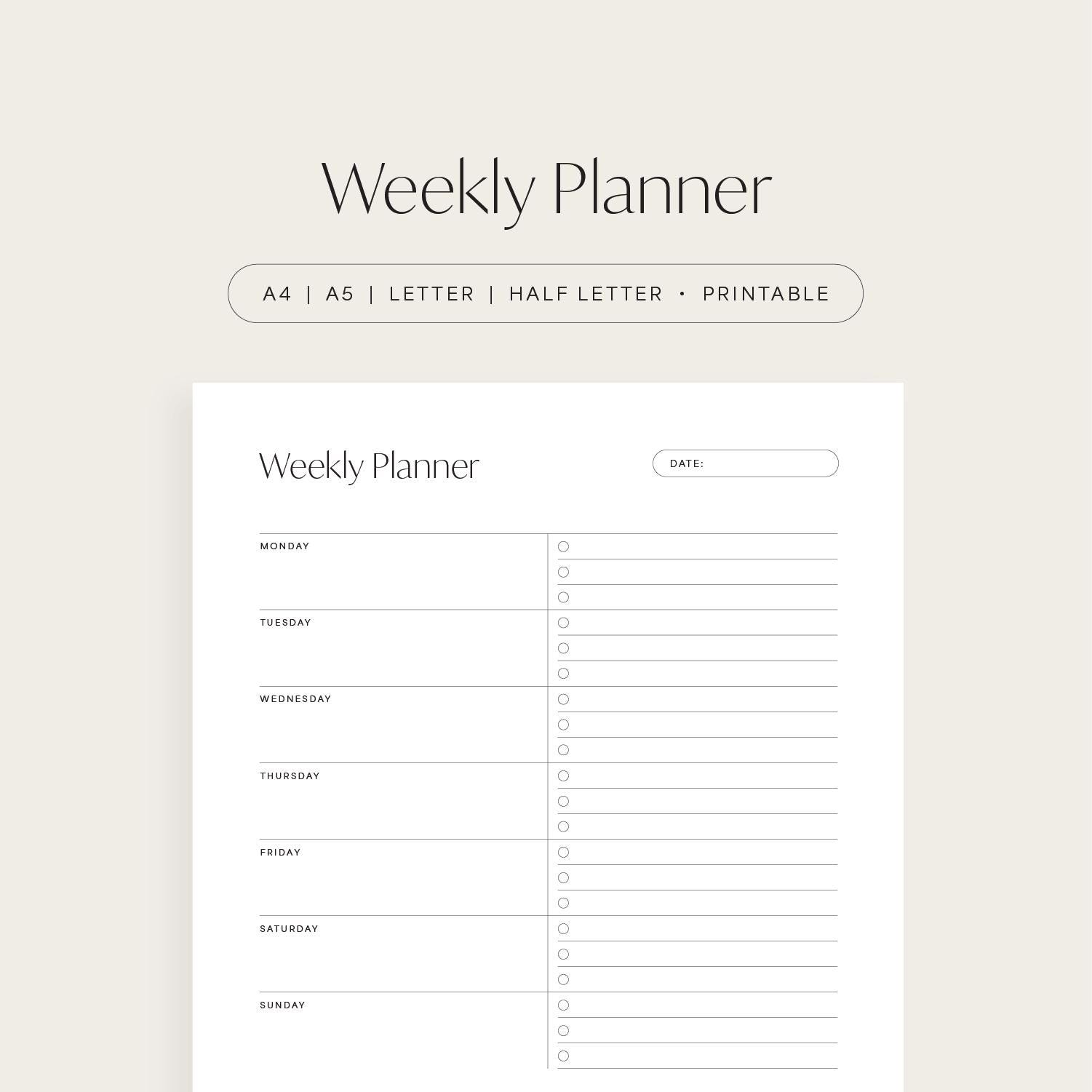 Weekly Planner Template, Weekly Undated Minimalist Task List, Elegant ...