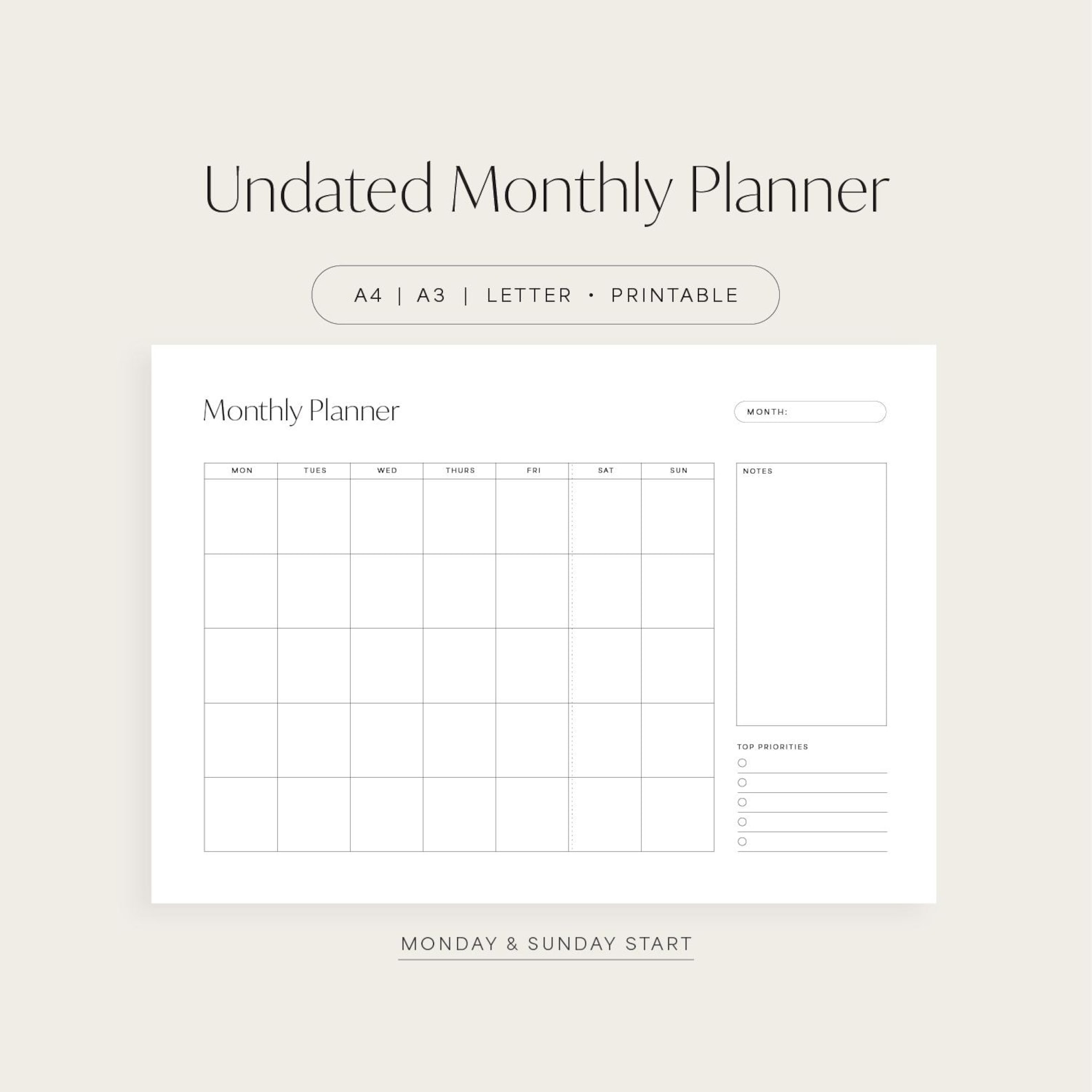 Monthly Undated Calendar Printable – Planner (A4, Letter, A3 PDF) - Etsy