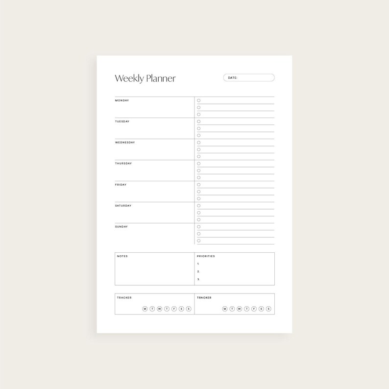 Weekly Planner Template, Weekly Undated Minimalist Task List, Elegant ...