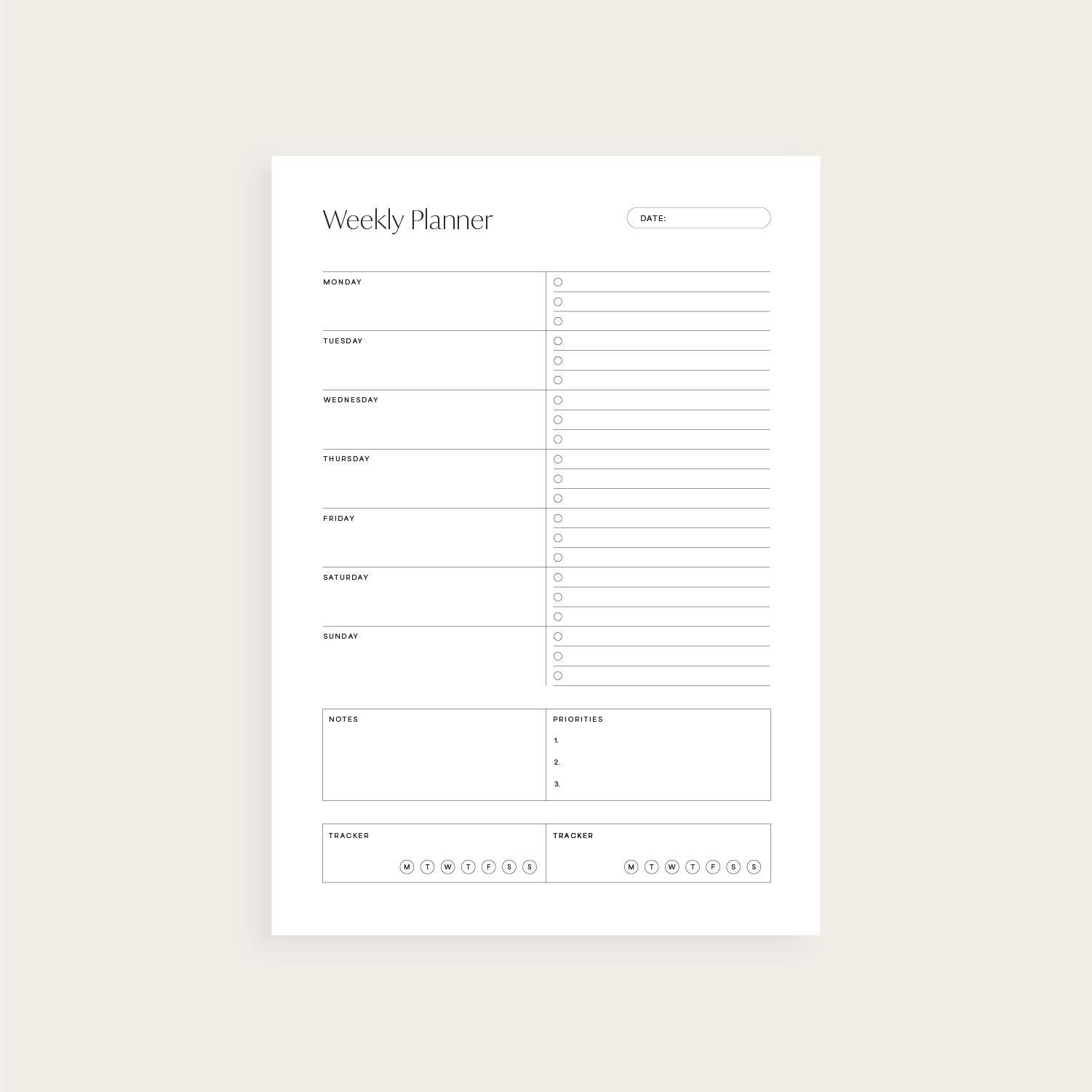 Weekly Planner Template, Weekly Undated Minimalist Task List, Elegant ...