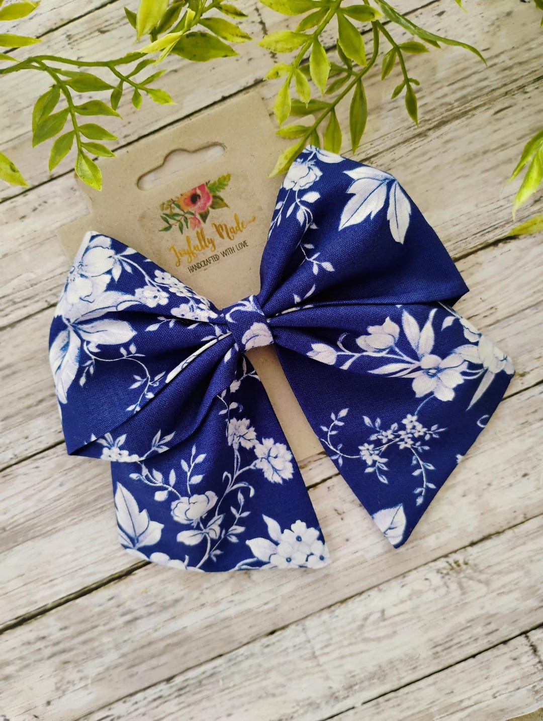 Dark Blue Toile Floral Hair Bow , Blue Toile Flower Sailor Bow , Blue ...