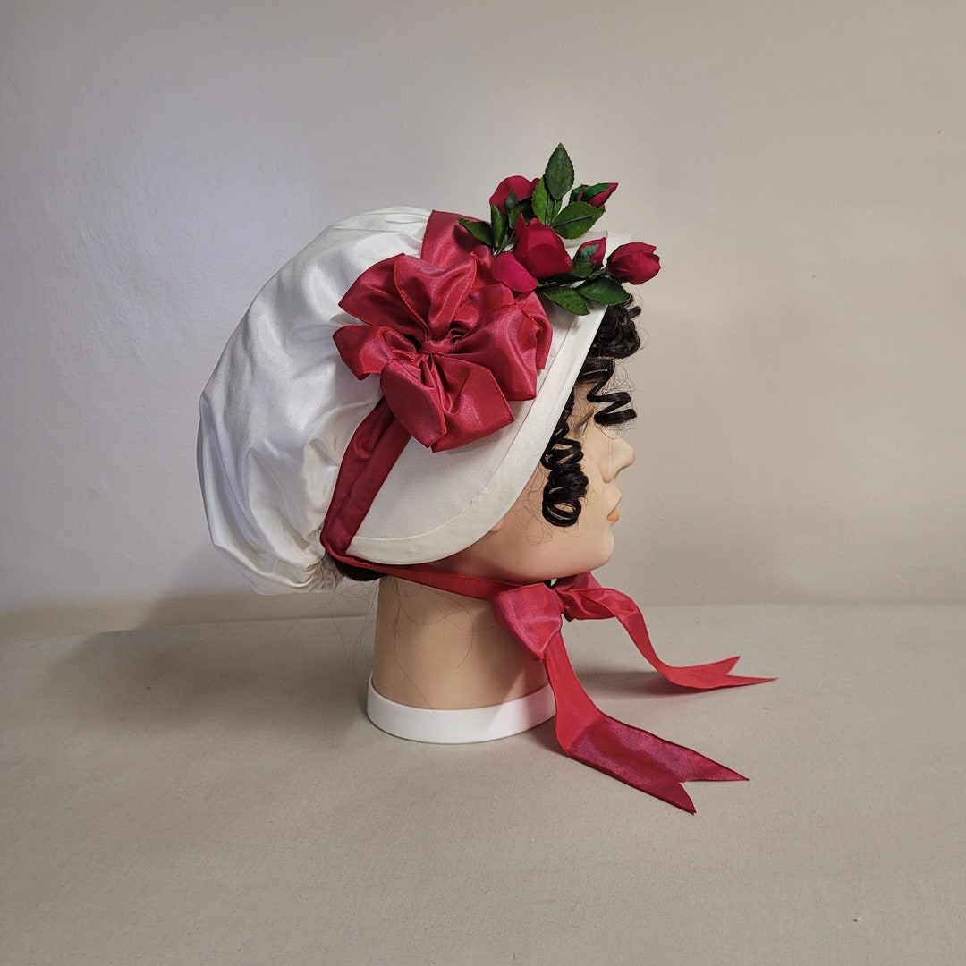 Early Regency White Silk Taffeta Camillia Soft Crowned Bonnet With ...