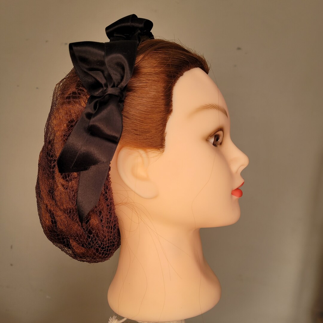 1 Black Silk Satin Hair Ribbons With Black Velvet Band on Dark Brown ...