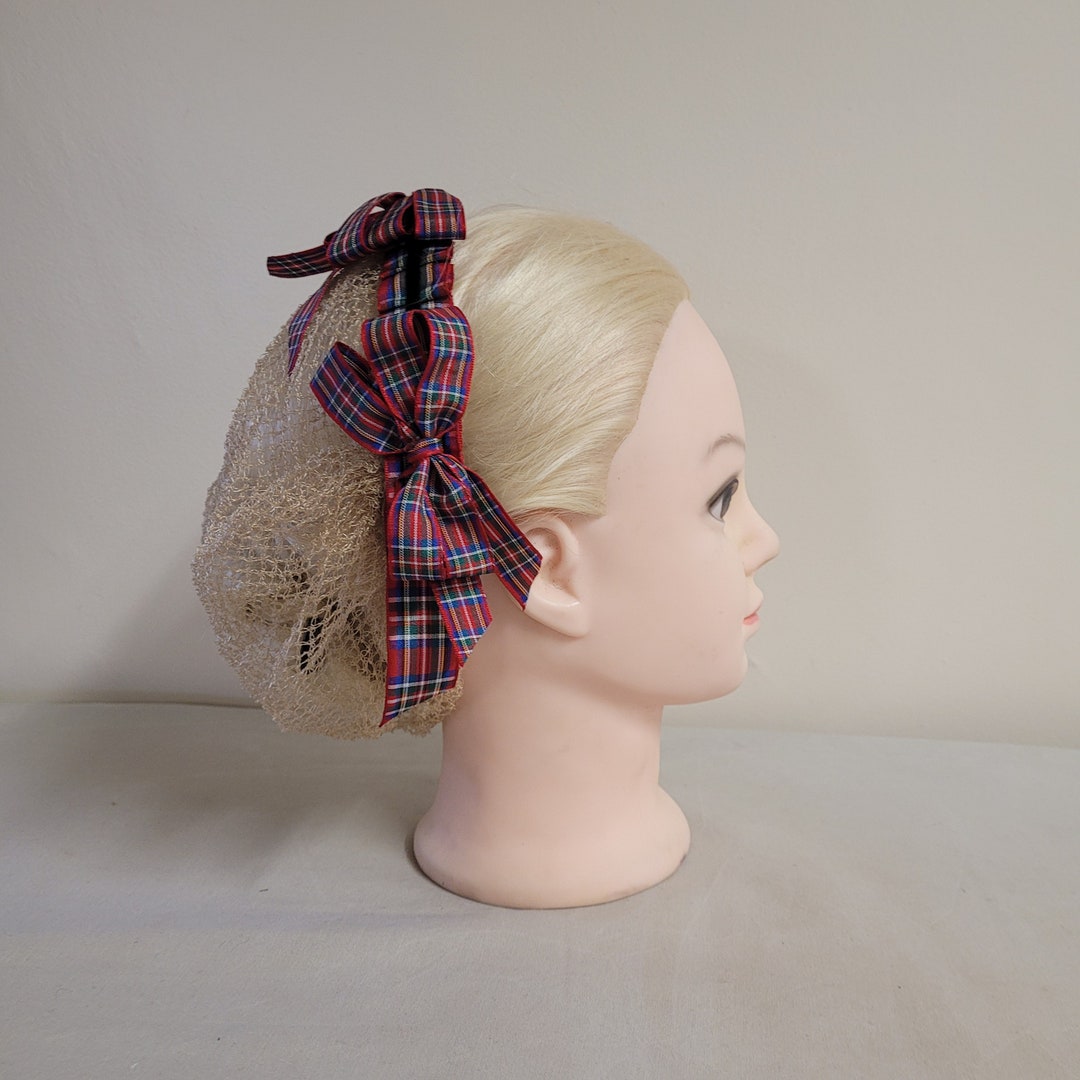 1" Red Plaid Hair Ribbons With Black Velvet Band on Blonde Lightweight ...