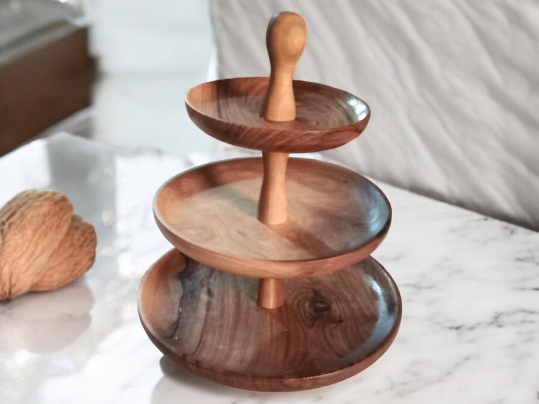 Walnut Wood Biscuits & Cake Stand With, Mountable Plates - Etsy
