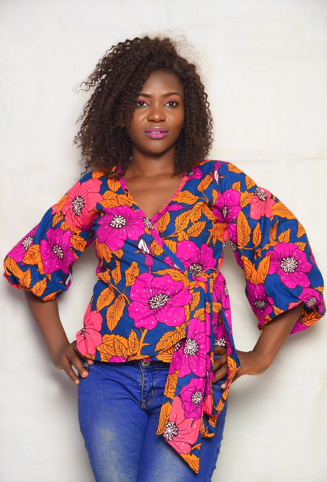 Custom Made Wrap Blouse With 3/4 Balloon Sleeve | Ankara Blouse | V ...