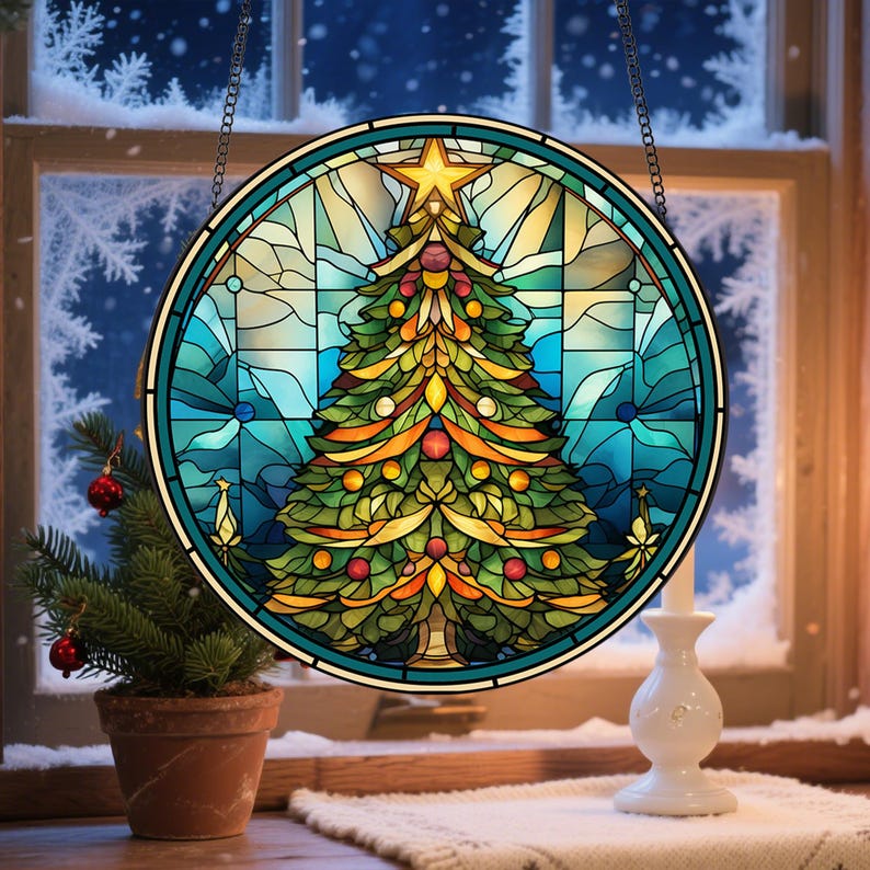 Christmas Trees Stained Glass, Suncatcher, Festive Stained Glass ...