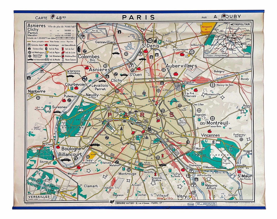 Vintage Mid 20th Century Map of Central Paris - Etsy