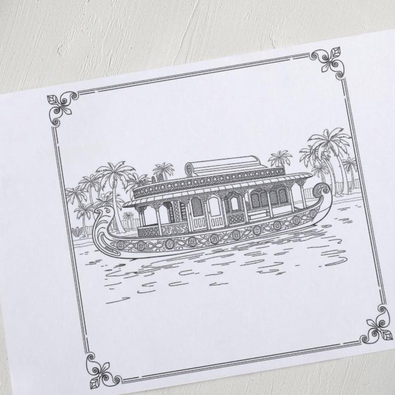 Relaxing India-themed Adult Coloring Kerala Houseboat Printable Designs ...