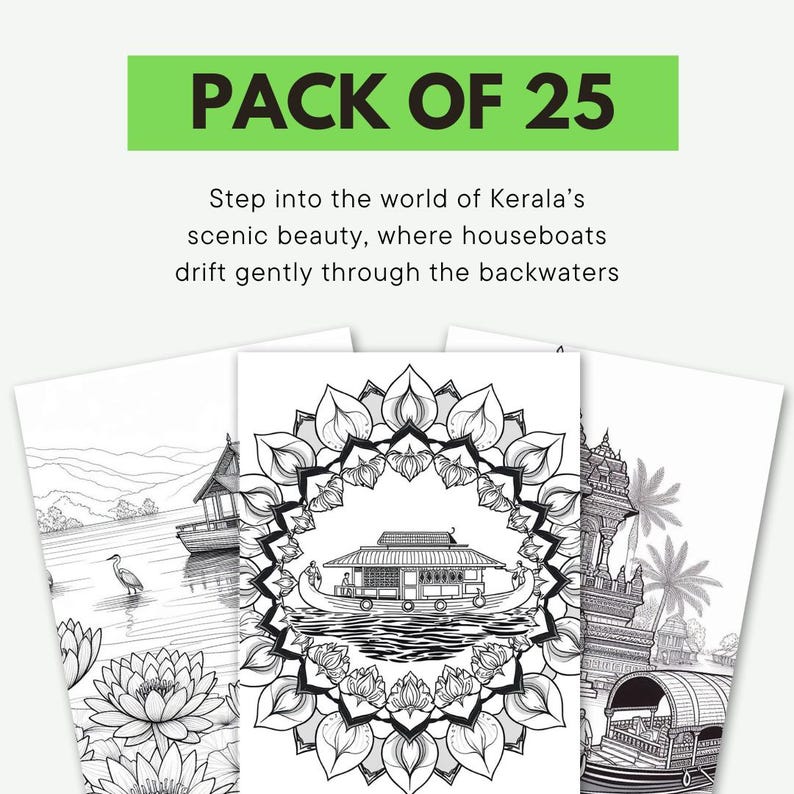 Relaxing India-themed Adult Coloring Kerala Houseboat Printable Designs ...