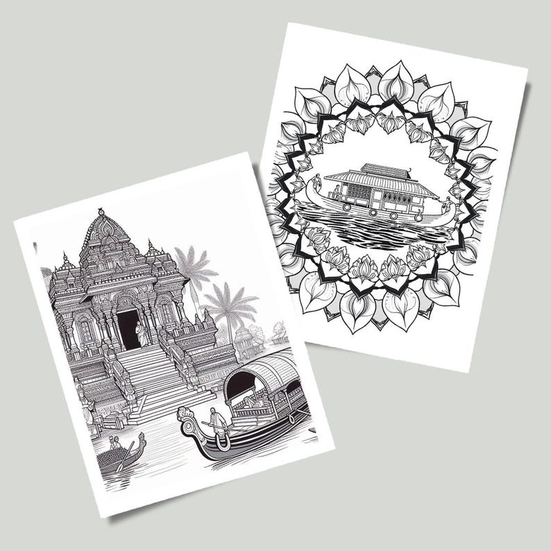 Relaxing India-themed Adult Coloring Kerala Houseboat Printable Designs ...
