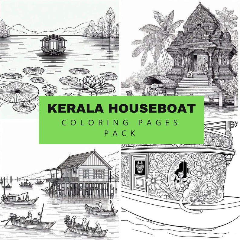 Relaxing India-themed Adult Coloring Kerala Houseboat Printable Designs ...