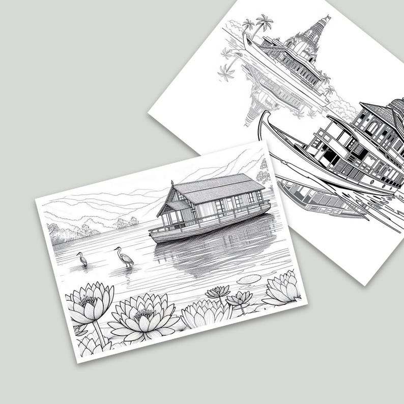 Relaxing India-themed Adult Coloring Kerala Houseboat Printable Designs ...