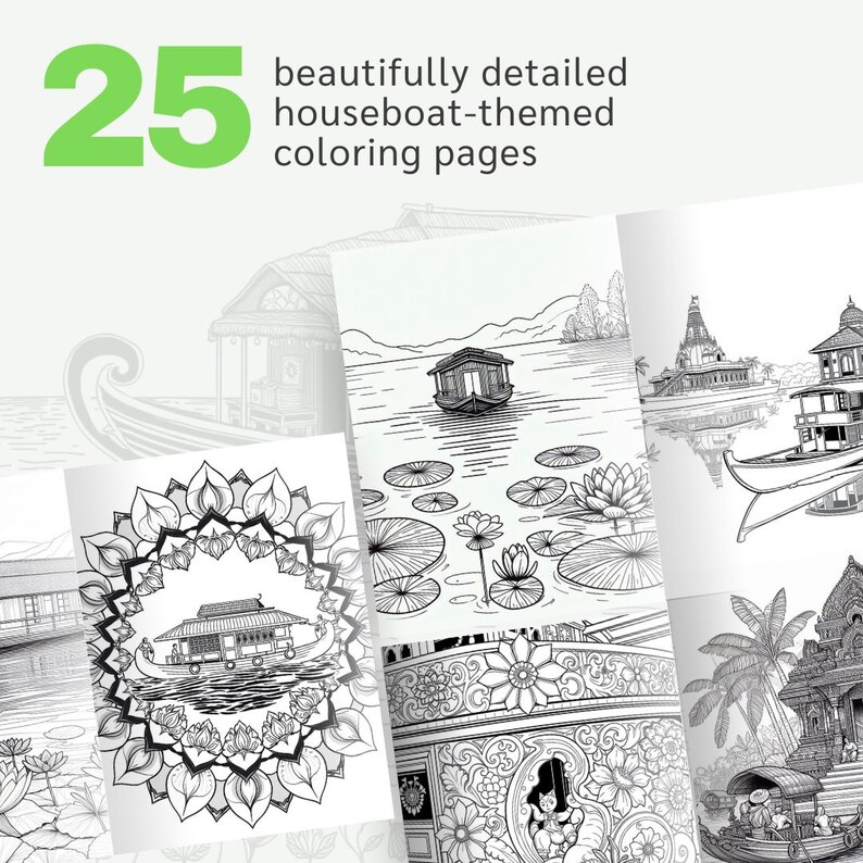 Relaxing India-themed Adult Coloring Kerala Houseboat Printable Designs ...