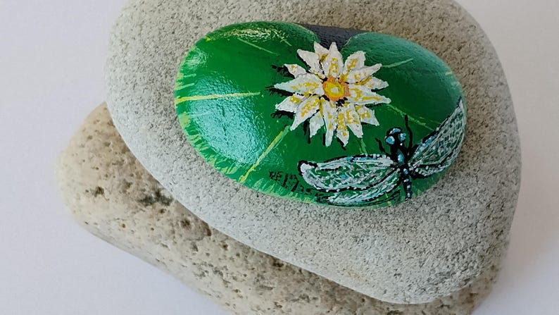 Dragonfly on Lily Pad Hand Painted Rock, Pond Lily Painted Rock, Pond ...