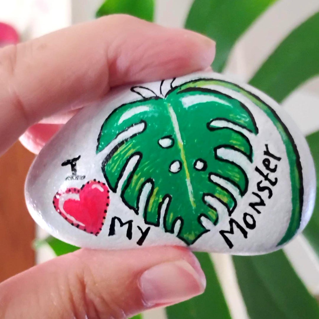 Monstera Hand Painted Rock, Funny Plant Guardian, Monstera Lover Gift ...