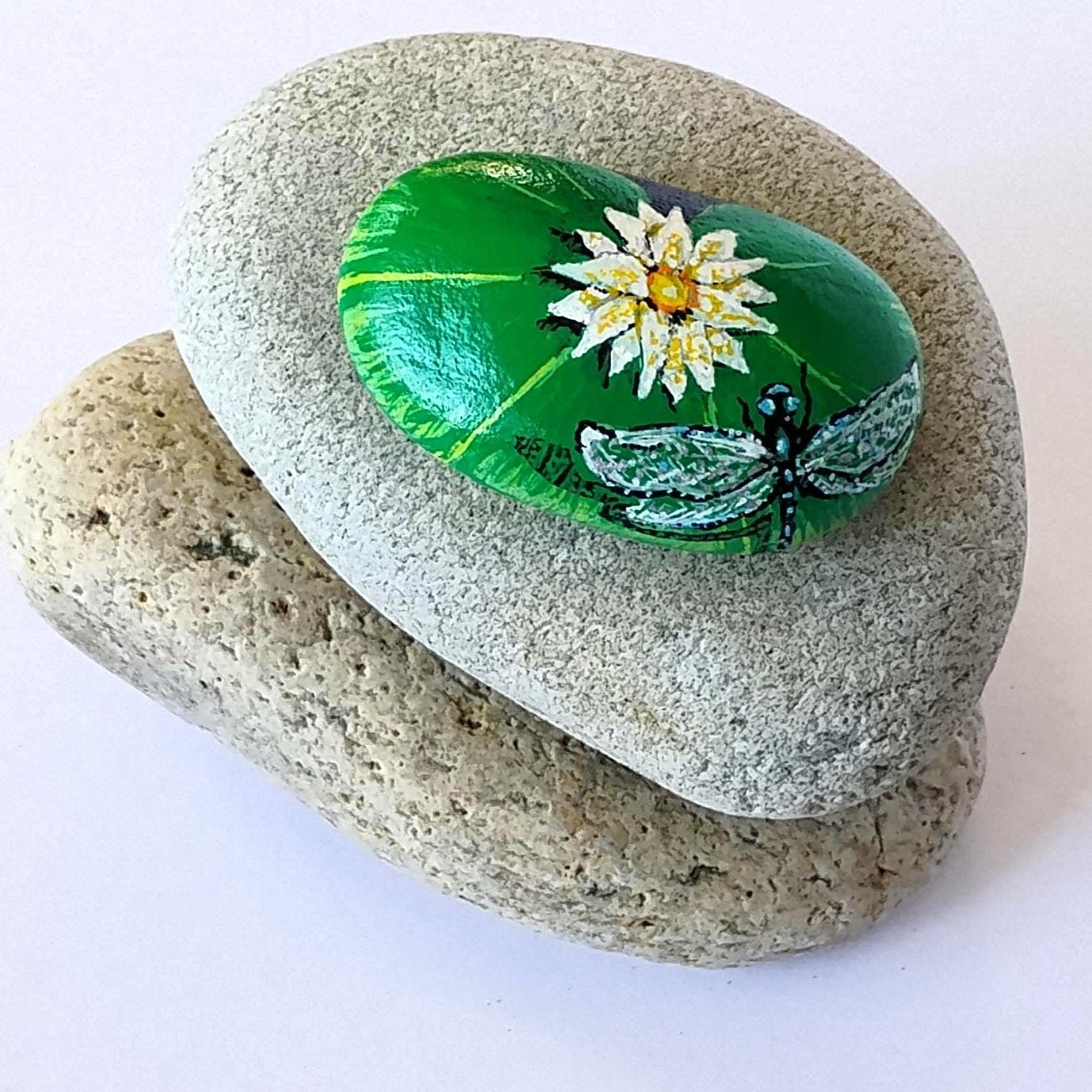 Dragonfly on Lily Pad Hand Painted Rock, Pond Lily Painted Rock, Pond ...